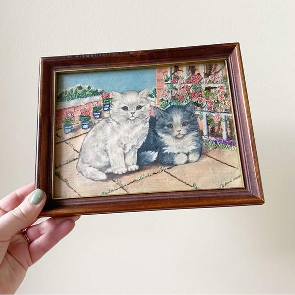 Vintage | Accents | Vintage Framed Embroidered Cat Wall Art Decor ...